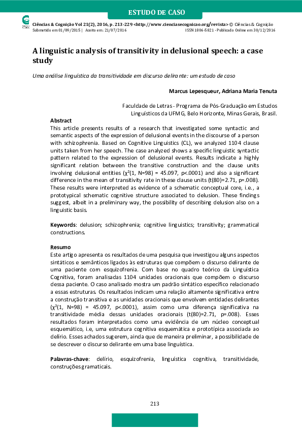 (PDF) A Linguistic Analysis of Transitivity in Delusional Speech: A ...