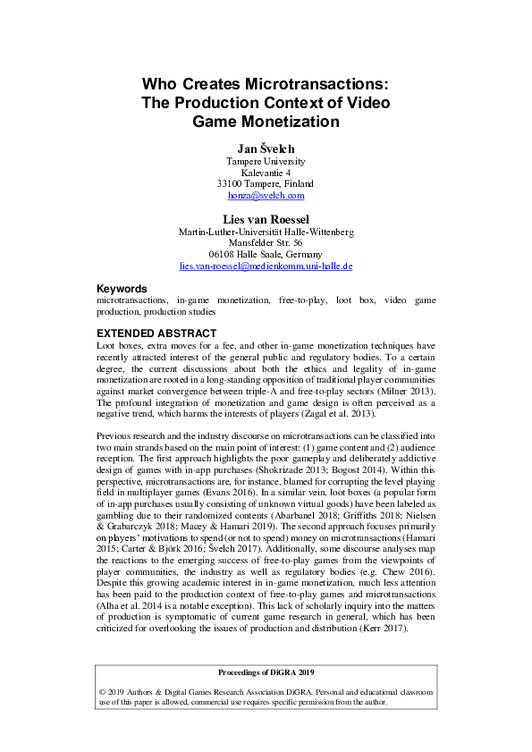 (PDF) Who Creates Microtransactions : The Production Context of Video ...