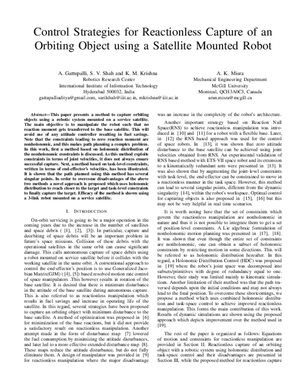 (PDF) Control Strategies for Reactionless Capture of an Orbiting Object using a Satellite ...