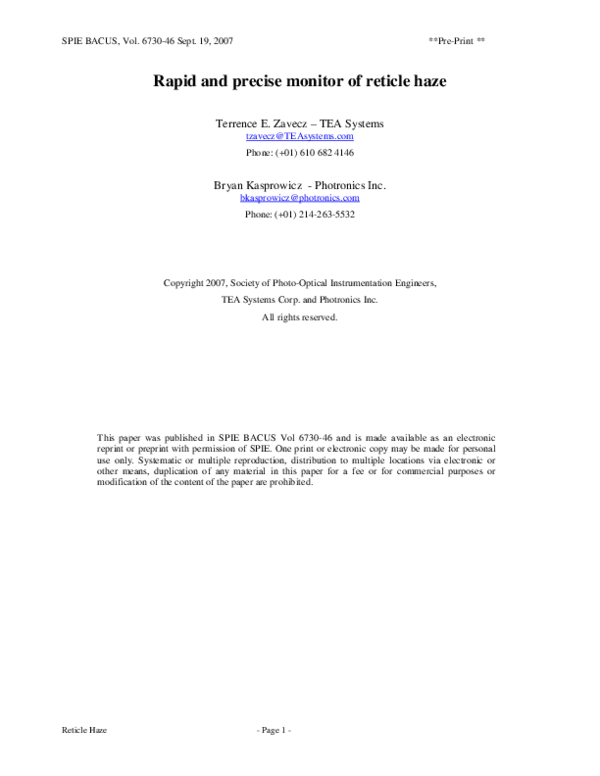 (PDF) Rapid and precise monitor of reticle haze