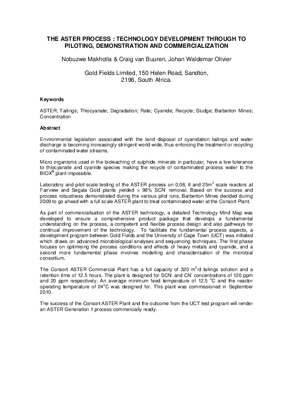 (PDF) The Aster Process : Technology Development Through to Piloting ...