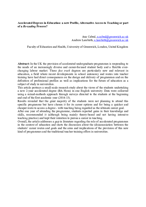 (PDF) Accelerated degrees in education: a new profile, alternative ...