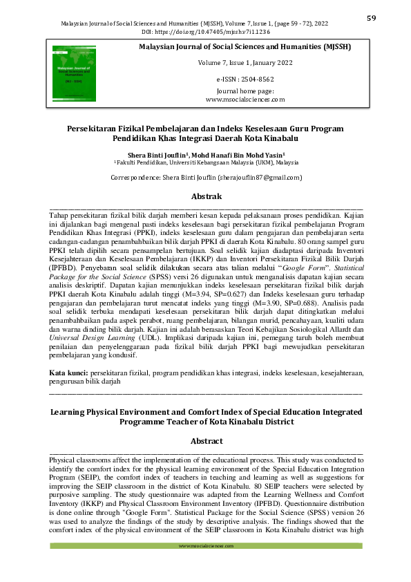 (PDF) Persekitaran Fizikal Pembelajaran dan Indeks Keselesaan Guru Program Pendidikan Khas ...