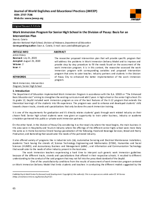 (PDF) Work Immersion Program for Senior High School in the Division of ...