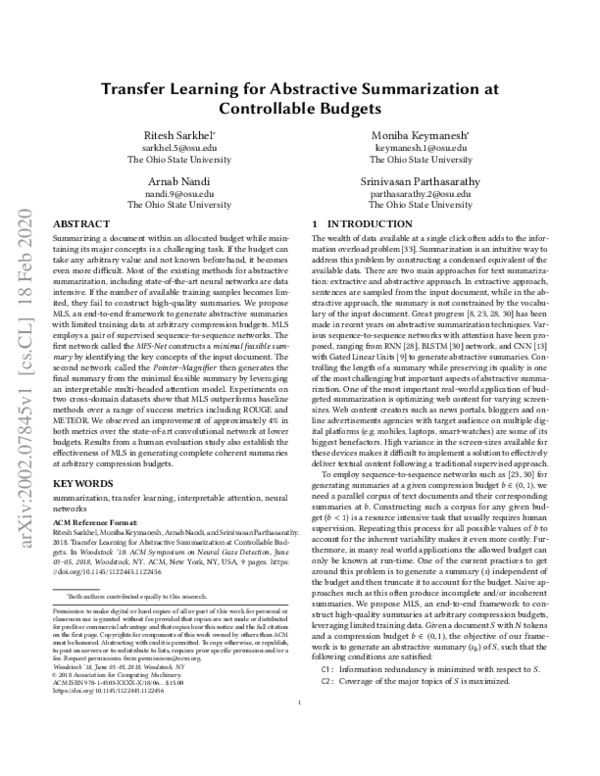 (PDF) Transfer Learning for Abstractive Summarization at Controllable Budgets