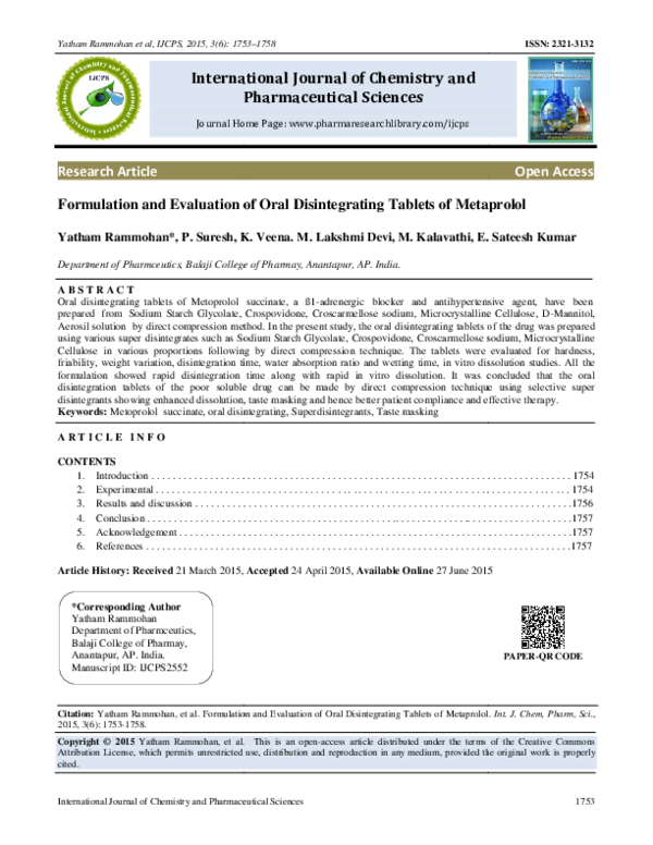 Pdf Formulation And Evaluation Of Oral Disintegrating Tablets Of Metaprolol Yatham Rammohan