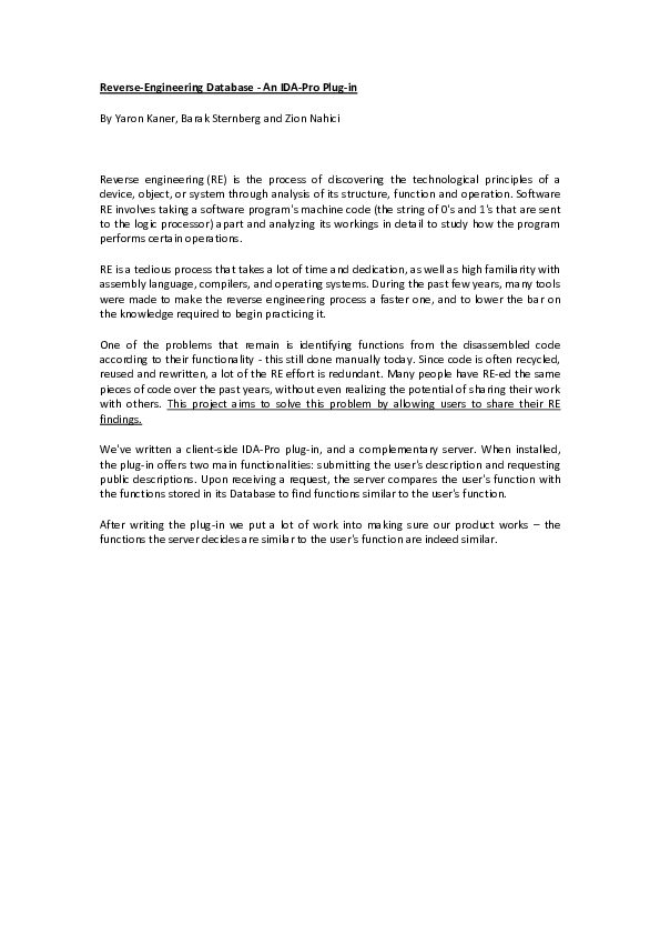 (PDF) Reverse-Engineering Database - An IDA-Pro Plug-in