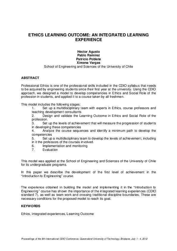 (PDF) Ethics Learning Outcome: An Integrated Learning Experience