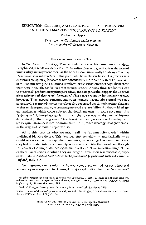 (PDF) Education, Culture, and Class Power: Basil Bernstein and the Neo ...