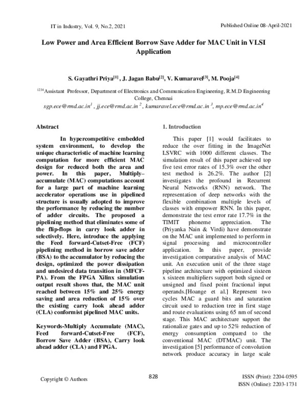Pdf Low Power And Area Efficient Borrow Save Adder For Mac Unit In