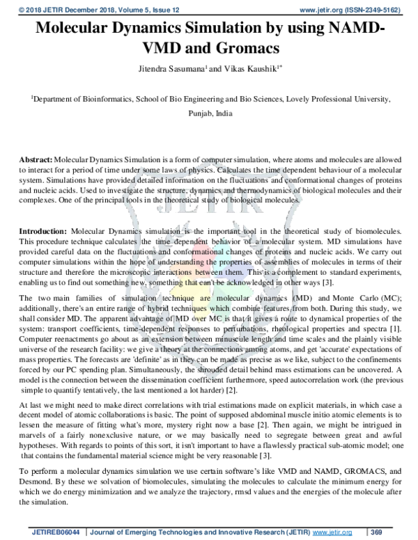 (PDF) Molecular Dynamics Simulation by using NAMD-VMD and Gromacs
