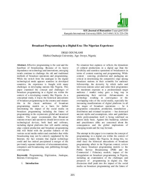 (PDF) Broadcast Programming in a Digital Era: The Nigerian Experience