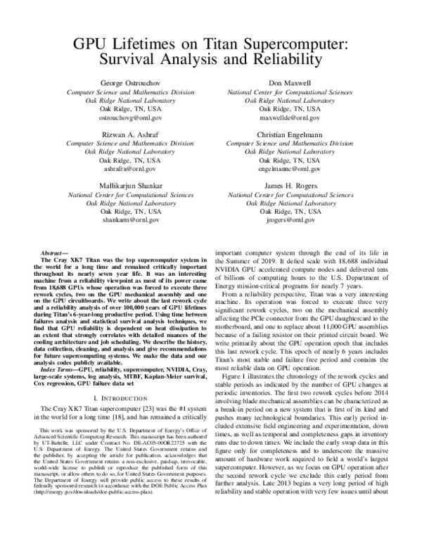(PDF) GPU Lifetimes on Titan Supercomputer: Survival Analysis and Reliability