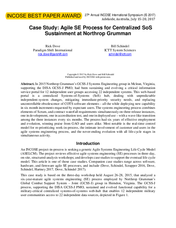 (PDF) Case Study: Agile SE Process for Centralized SoS Sustainment at ...