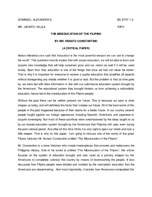 (PDF) THE MISEDUCATION OF THE FILIPINO (CRITICAL PAPER)