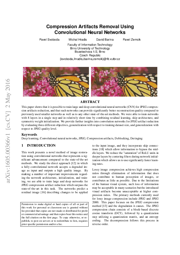 (PDF) Compression Artifacts Removal Using Convolutional Neural Networks