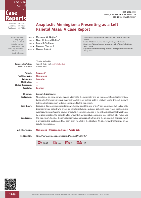 (PDF) Anaplastic Meningioma Presenting as a Left Parietal Mass: A Case ...