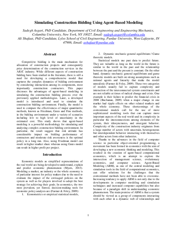 (PDF) Simulating Construction Bidding Using Agent-Based Modeling
