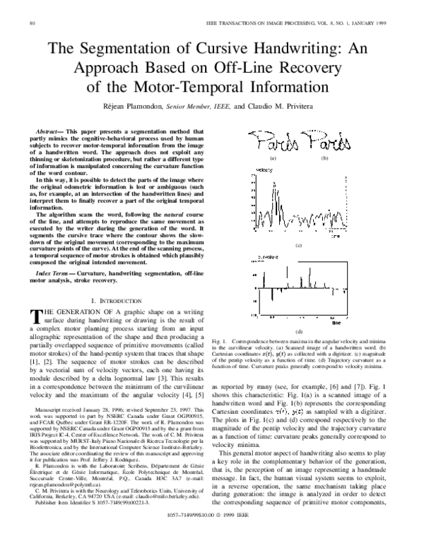 Pdf The Segmentation Of Cursive Handwriting An Approach Based On Off Line Recovery Of The