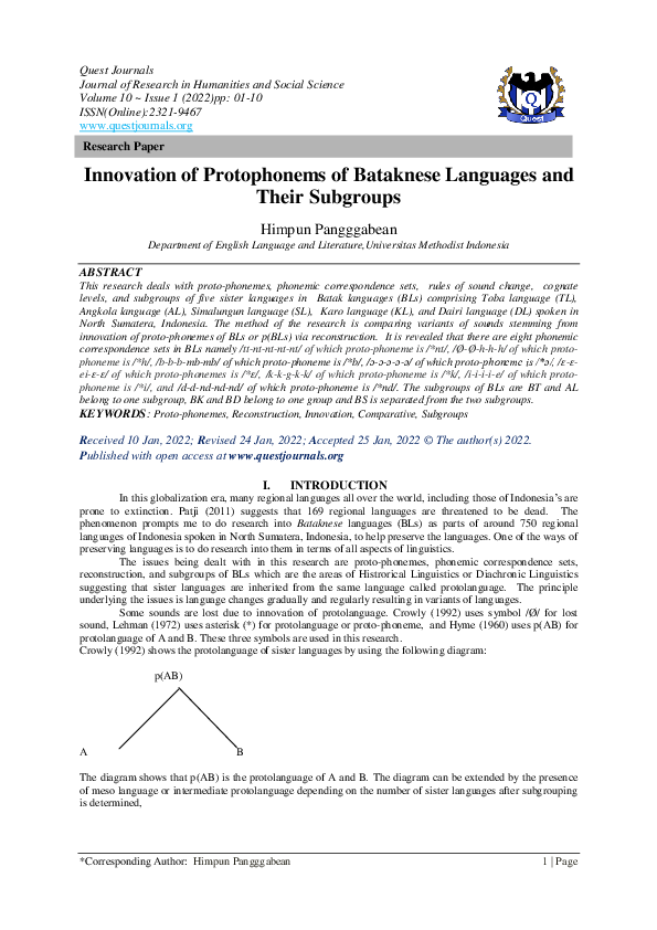 (PDF) Innovation of Protophonems of Bataknese Languages and Their Subgroups