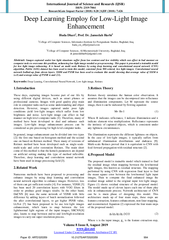(PDF) Deep Learning Employ for Low-Light Image Enhancement