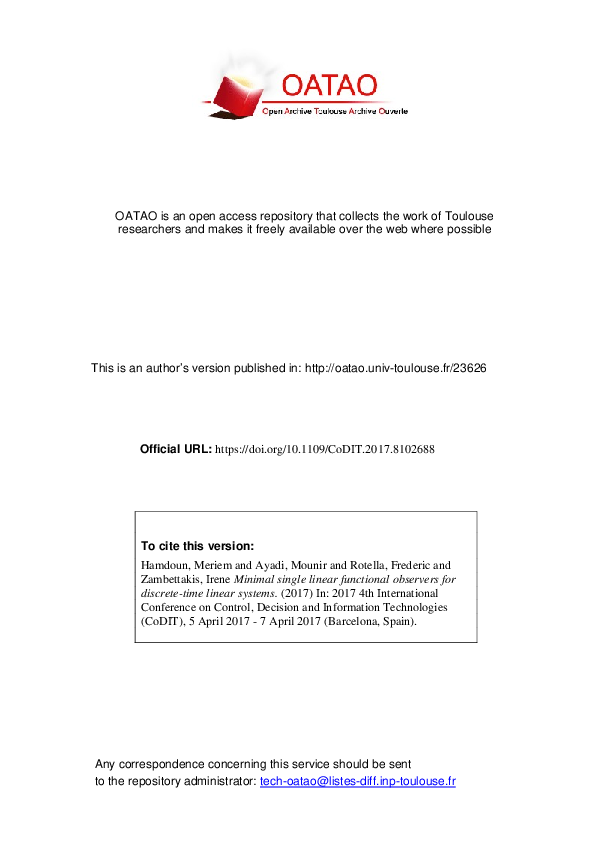 Pdf Minimal Single Linear Functional Observers For Discrete Time