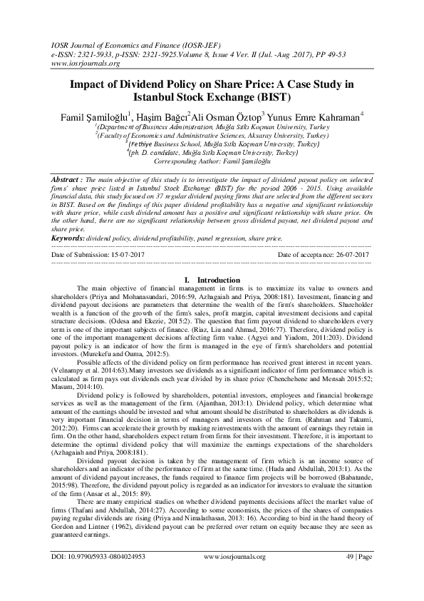 (PDF) Impact of Dividend Policy on Share Price: A Case Study in Istanbul Stock Exchange (BIST ...
