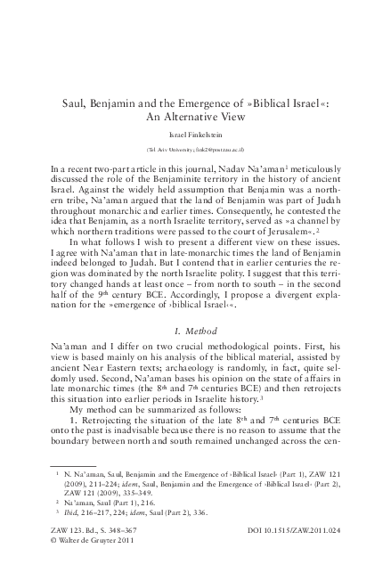 (PDF) Finkelstein, I. 2011. Saul, Benjamin and the Emergence of ...