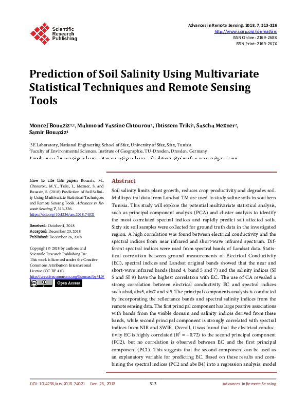 (PDF) Prediction of Soil Salinity Using Multivariate Statistical Techniques and Remote Sensing Tools