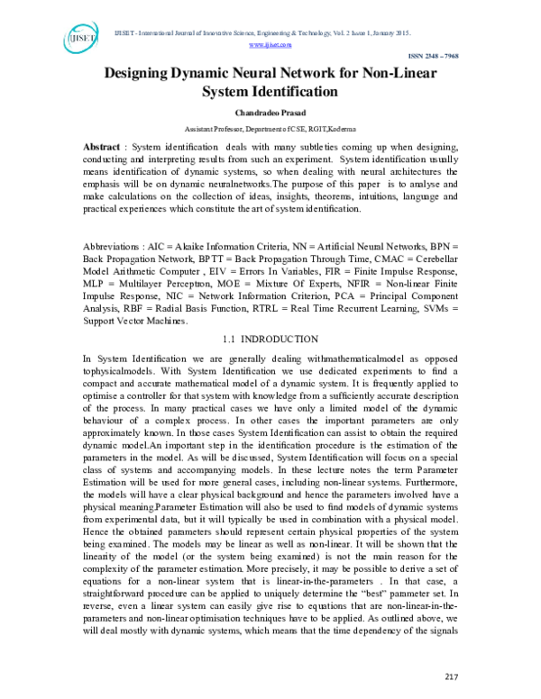 Pdf Designing Dynamic Neural Network For Non Linear System Identification