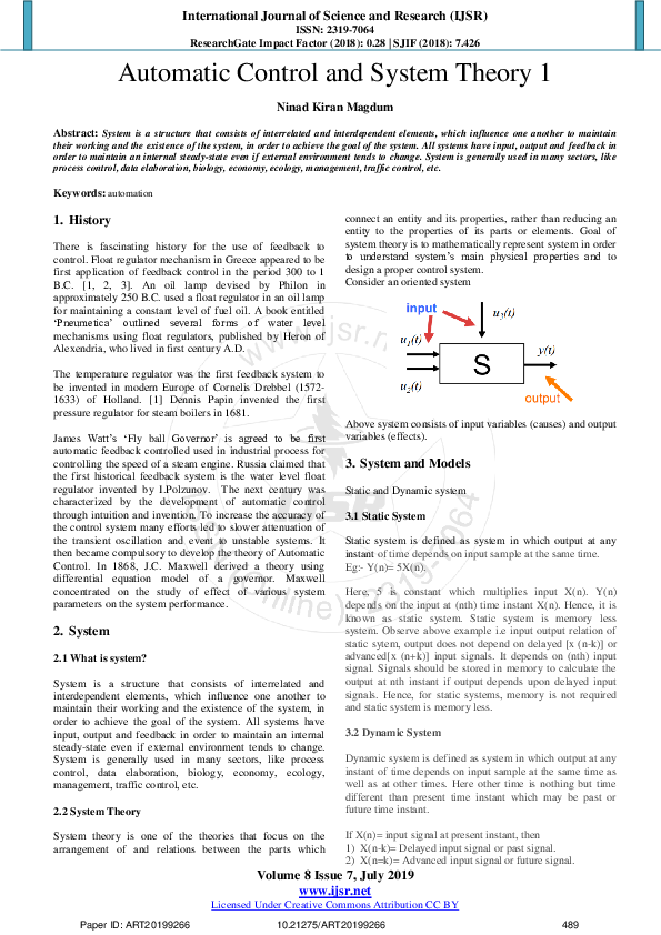 (PDF) Automatic Control and System Theory 1