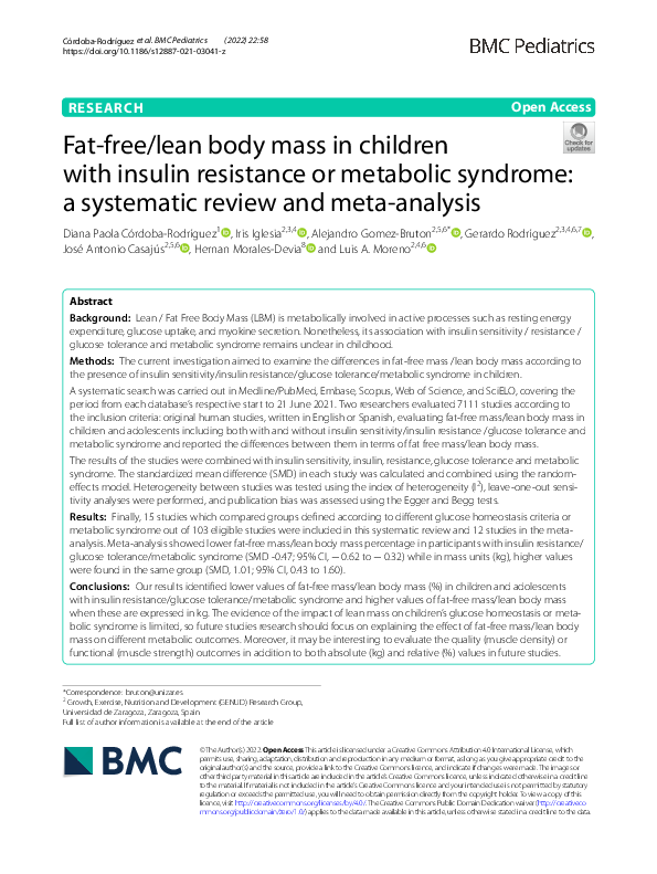 (PDF) Fat-free/lean body mass in children with insulin resistance or ...
