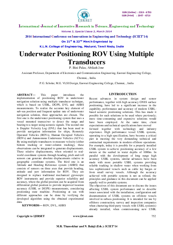 (PDF) Underwater Positioning ROV Using MultipleTransducers