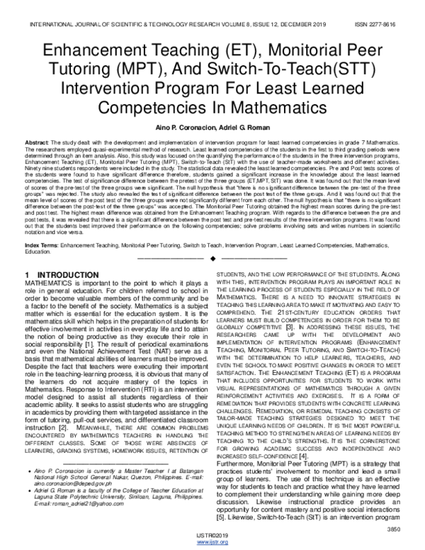 (PDF) Enhancement Teaching (ET), Monitorial Peer Tutoring (MPT), And Switch-To-Teach(STT ...