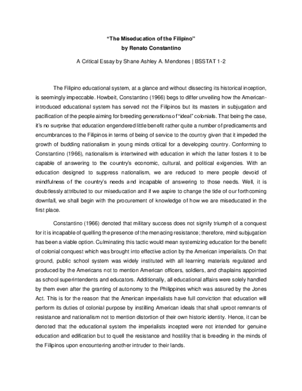 (PDF) "The Miseducation of the Filipino" by Renato Constantino | A Critical Essay by Shane ...