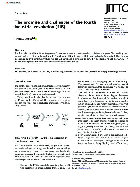 (PDF) The promise and challenges of the fourth industrial revolution (4IR)