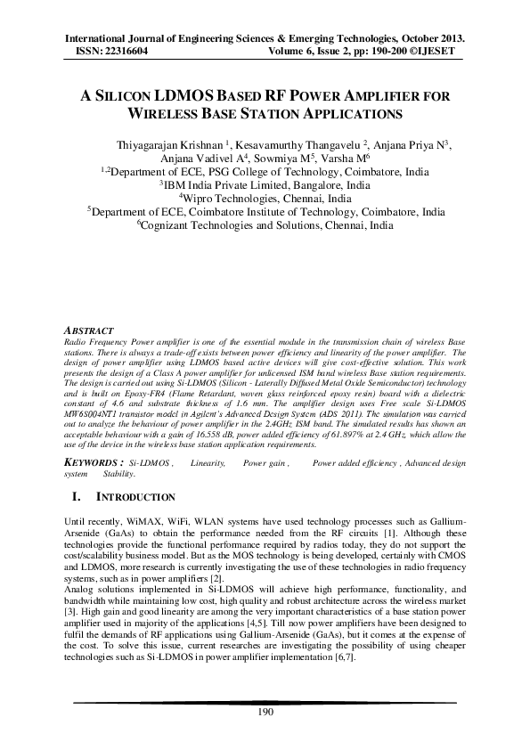 (PDF) A Silicon Ldmos Based RF Power Amplifier for Wireless Base ...