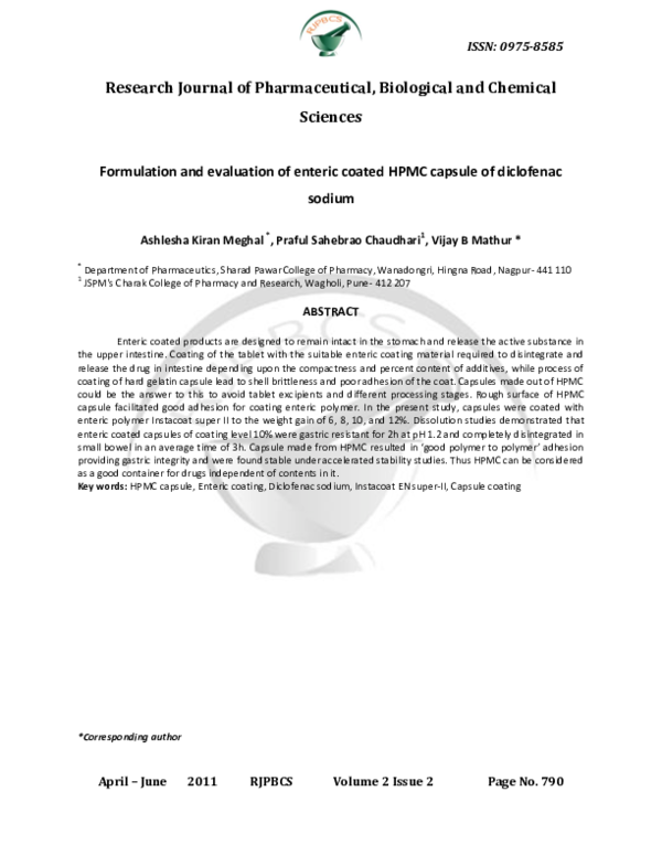 Pdf Formulation And Evaluation Of Enteric Coated Hpmc Capsule Of Diclofenac Sodium