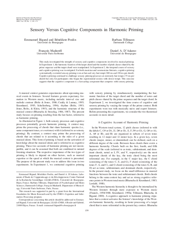 (PDF) Sensory Versus Cognitive Components in Harmonic Priming | Daniel ...