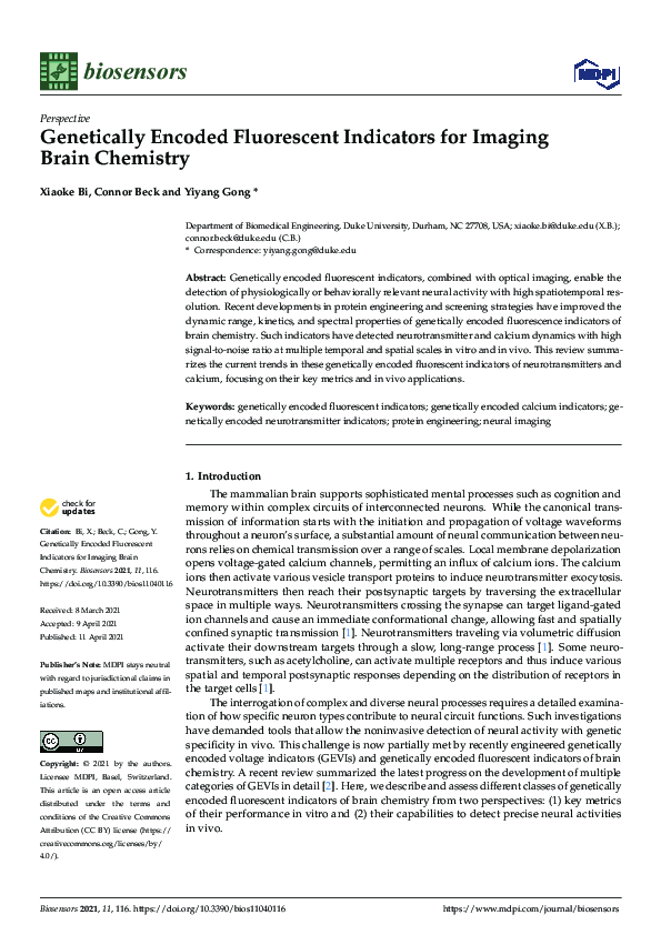 (PDF) Genetically Encoded Fluorescent Indicators for Imaging Brain ...