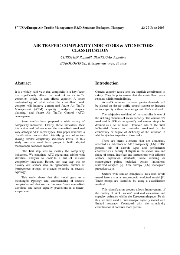 (PDF) Air traffic complexity indicators & ATC sectors classification