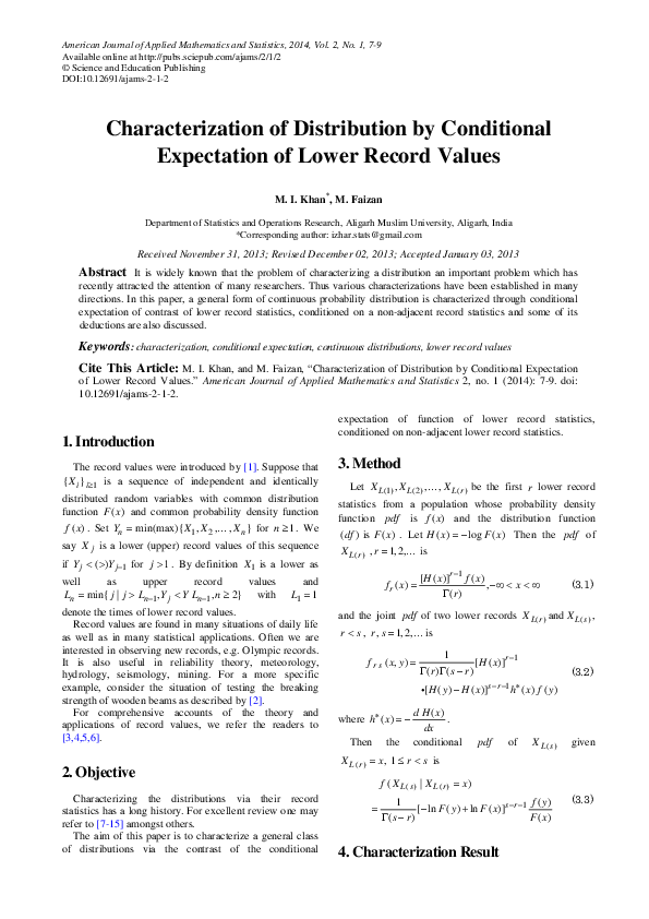 Pdf Characterization Of Distribution By Conditional Expectation Of Lower Record Values Md