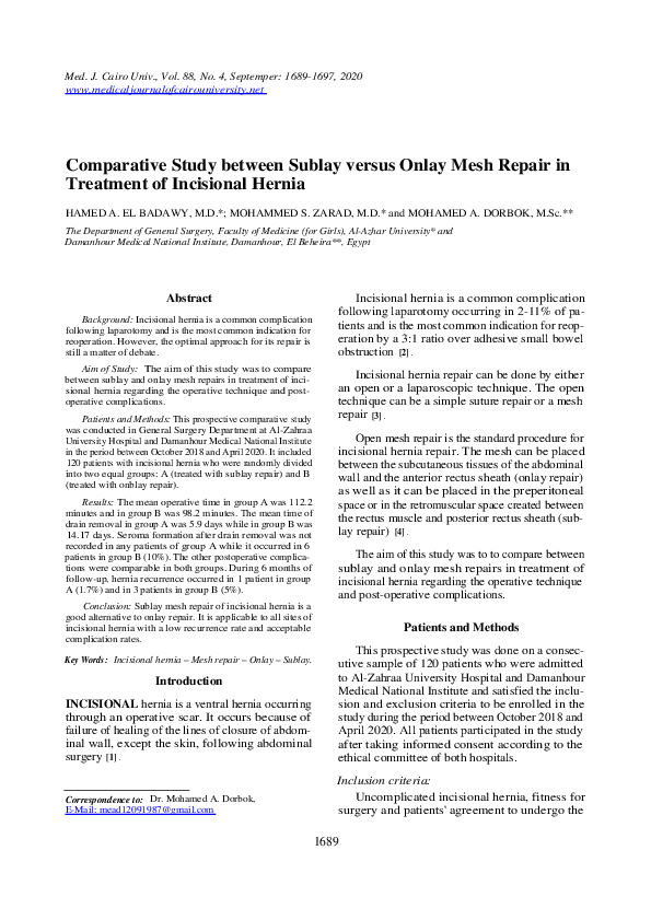 (PDF) Comparative Study between Sublay versus Onlay Mesh Repair in ...