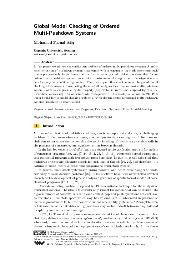 Pdf Global Model Checking Of Ordered Multi Pushdown Systems