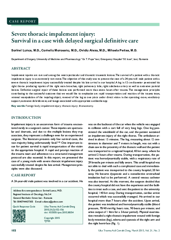 (PDF) Severe thoracic impalement injury: Survival in a case with ...