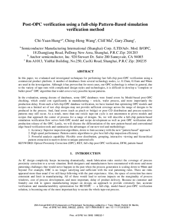 Pdf Post Opc Verification Using A Full Chip Pattern Based Simulation Verification Method