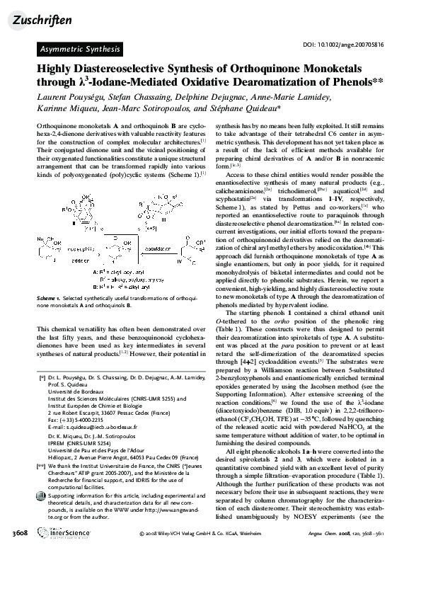 (PDF) Highly Diastereoselective Synthesis of Orthoquinone Monoketals ...
