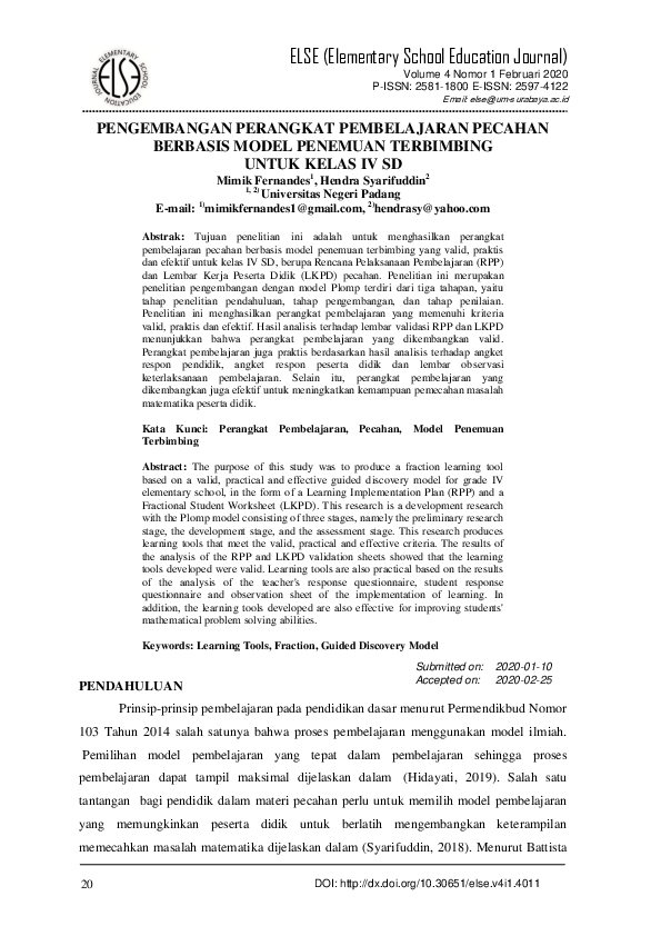 (PDF) Pengembangan Perangkat Pembelajaran Pecahan Berbasis Model Penemuan Terbimbing untuk Kelas ...