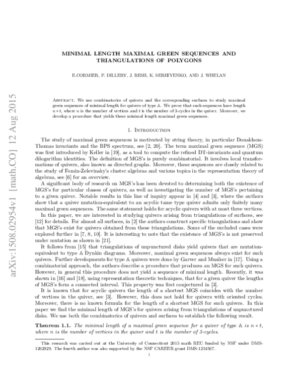 (PDF) Minimal length maximal green sequences and triangulations of polygons