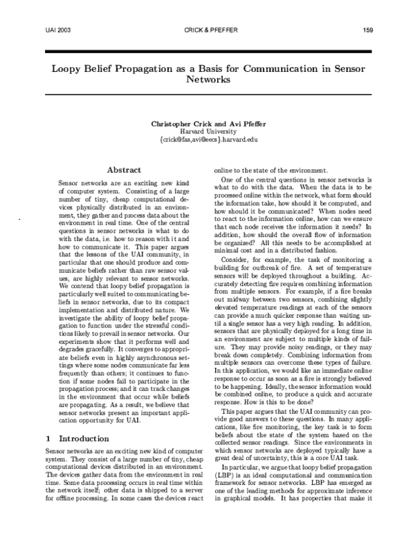 Pdf Loopy Belief Propagation As A Basis For Communication In Sensor Networks
